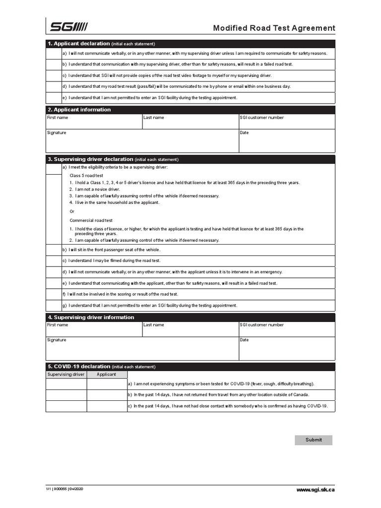 SGI Modified Road Test Agreement Empty | PDF | Driver's License ...
