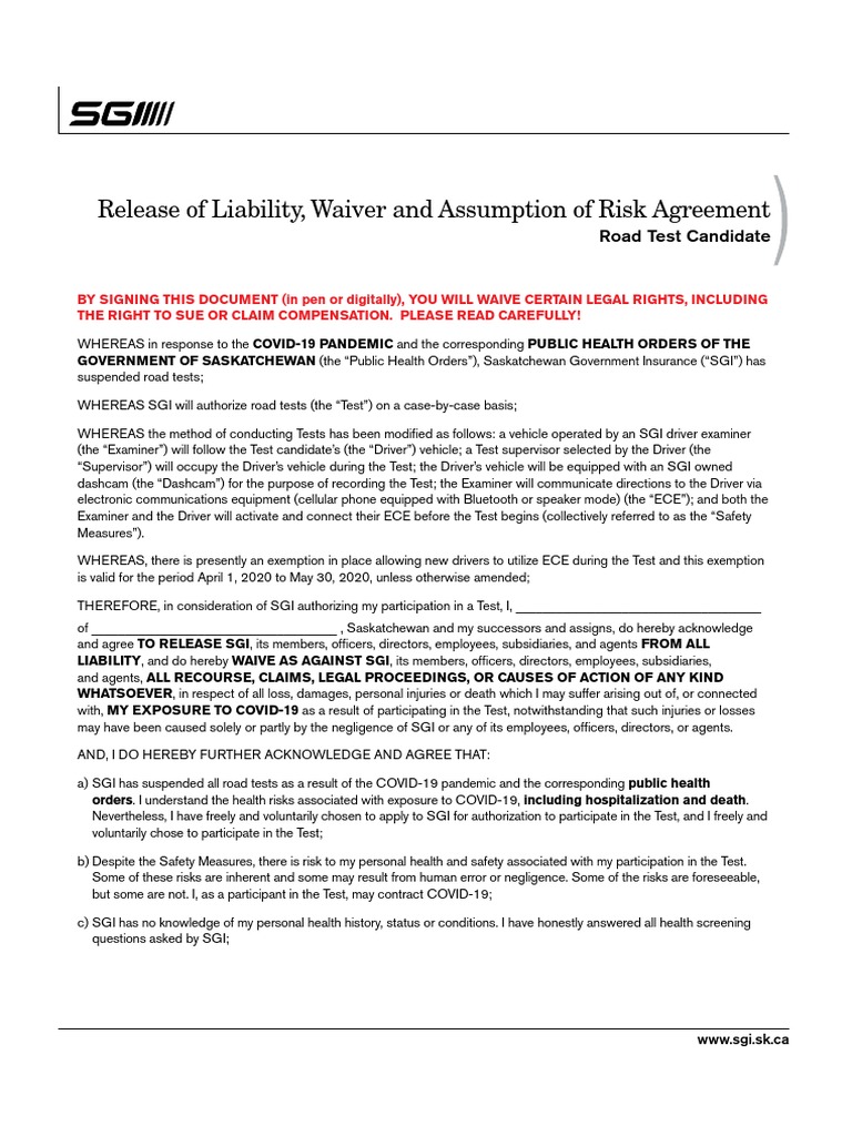 SGI Road Test Liability Waiver | PDF | Negligence | Risk