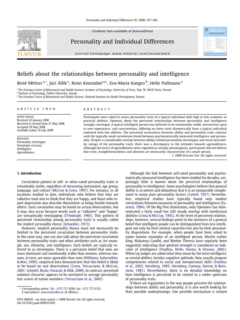 Personality and Individual Differences: René Mõttus, Jüri Allik, Kenn ...