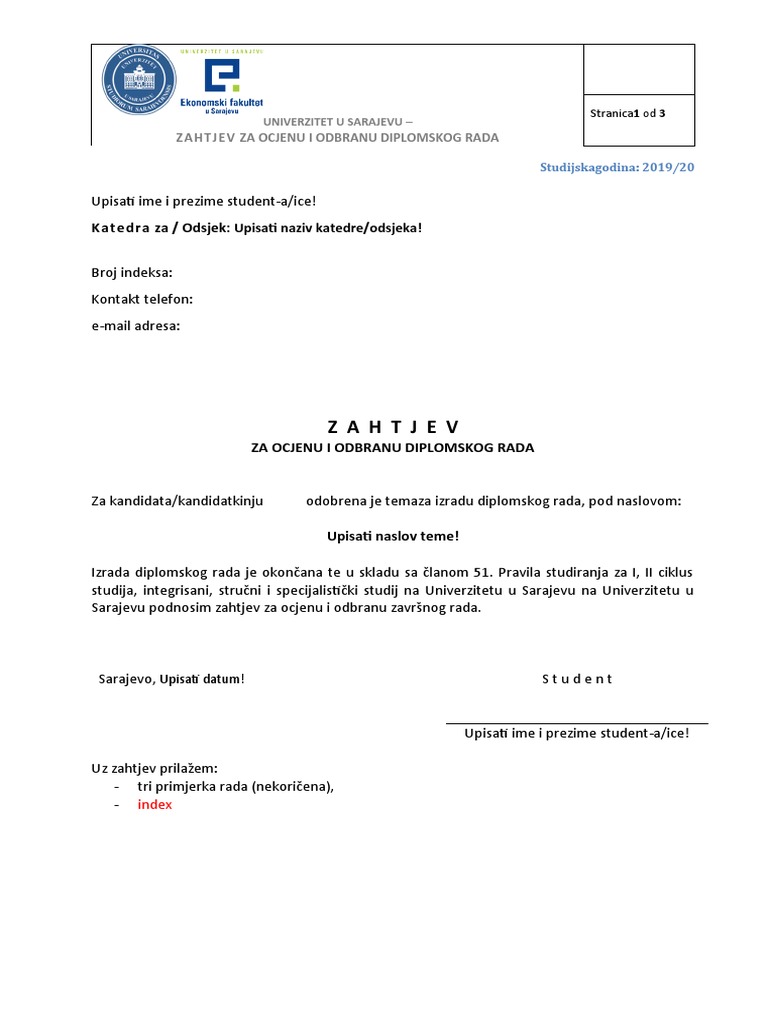Obrazac Zahtjev Za Odbranu Diplomskog 0 | PDF