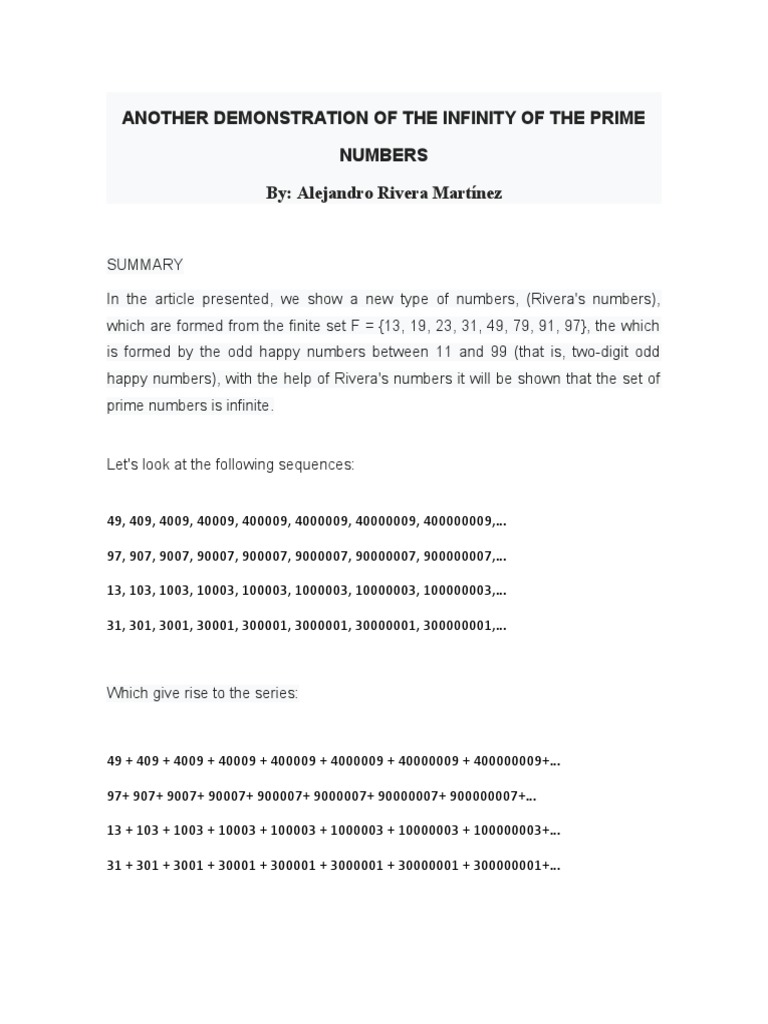 Infinite Prime Numbers via Rivera's Numbers | PDF | Numbers ...