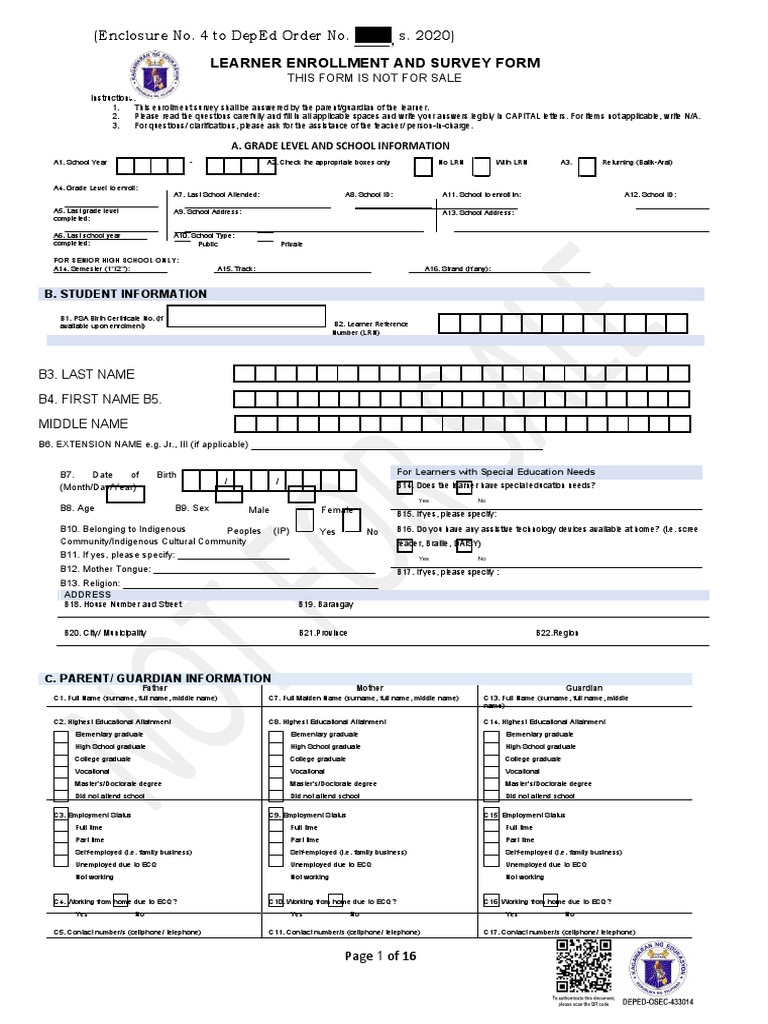 Learner Enrollment and Survey Form: - , (Enclosure No. 4 To Deped Order ...