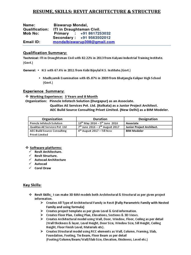 Resume, Skills: Revit Architecture & Structure: Qualification Summary ...
