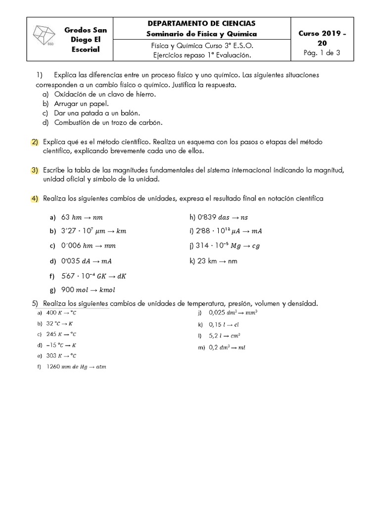 19 - 20 - Ejercicios Repaso - 3º ESO - FyQ - 1 Evaluación | PDF | Átomos | Volumen