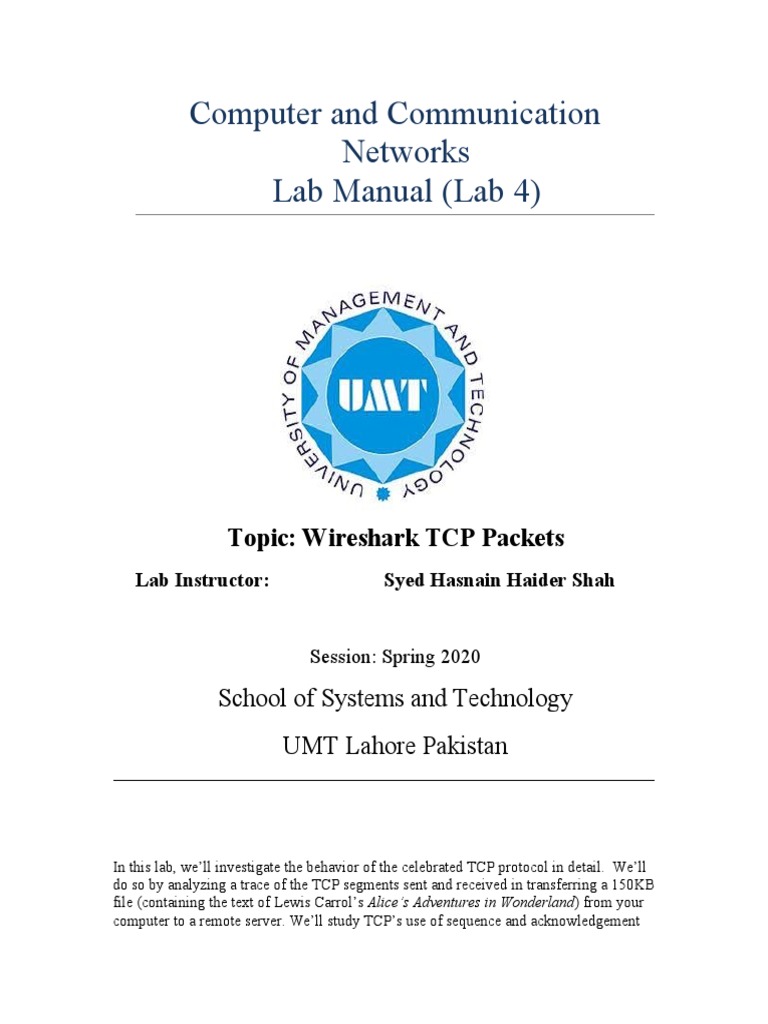 Computer and Communication Networks Lab Manual (Lab 4) : Topic: Wireshark TCP Packets | Download ...