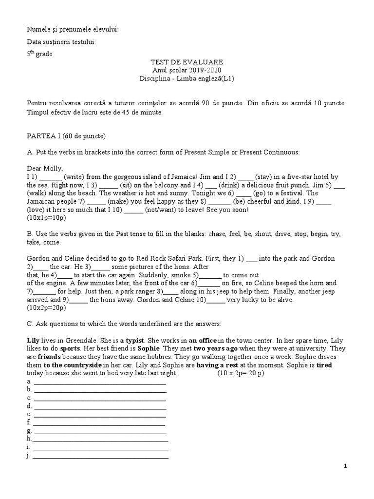 5th Grade English Evaluation Test Review | PDF