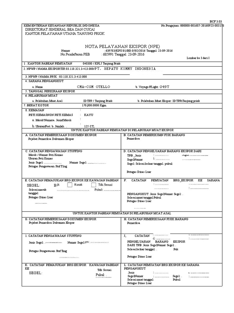 Nota Pelayanan Ekspor (Npe) : Pt. Sepatu Kimmy Indonesia | PDF