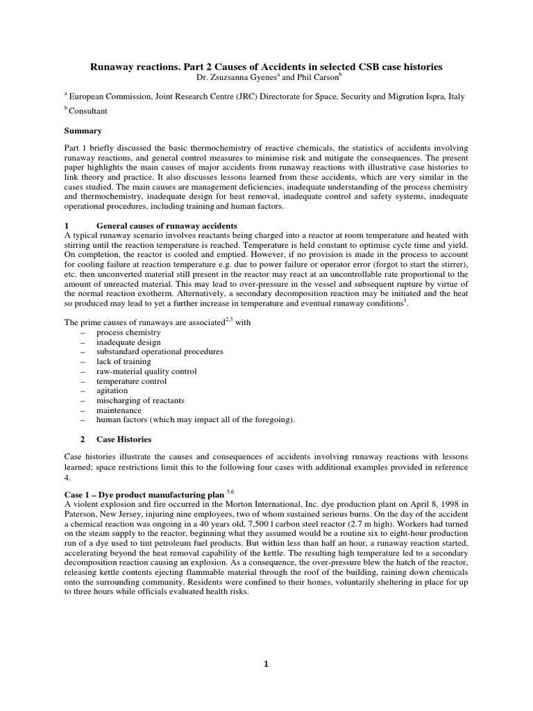 Runaway Reactions. Part 2 Causes of Accidents in Selected CSB Case ...