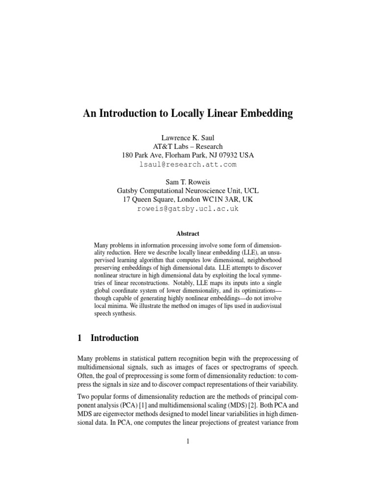 An Introduction To Locally Linear Embedding | Download Free PDF | Eigenvalues And Eigenvectors ...