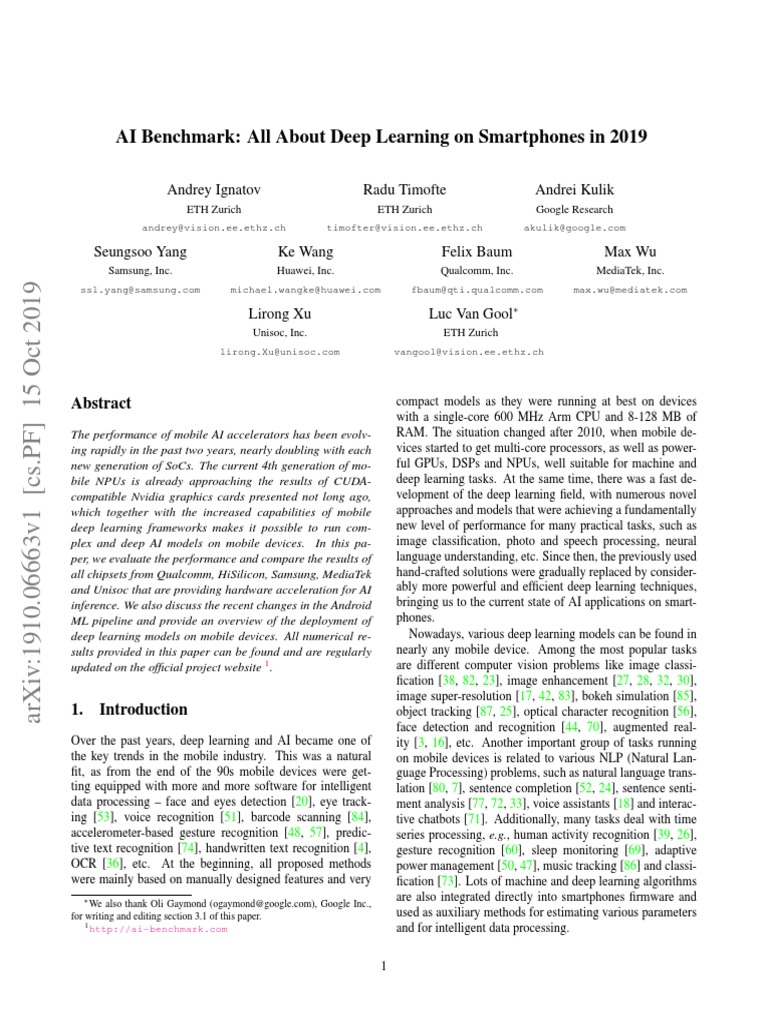 AI Benchmark: All About Deep Learning On Smartphones in 2019 | PDF ...
