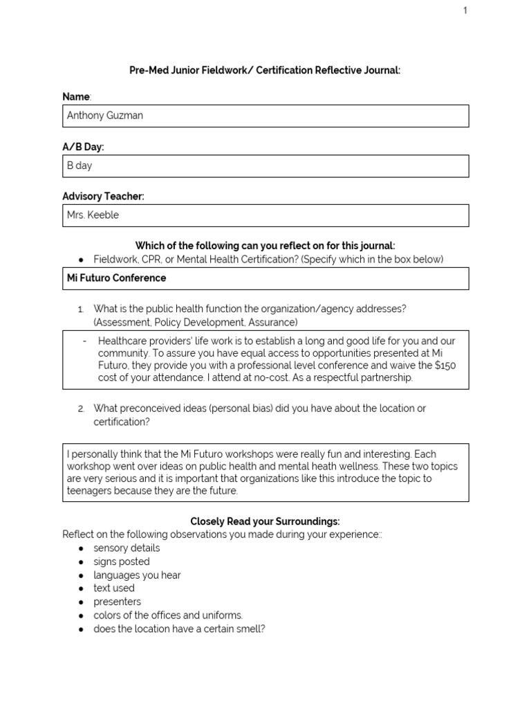 2019-2020 Junior Fieldwork Certification Reflective Journal Template ...