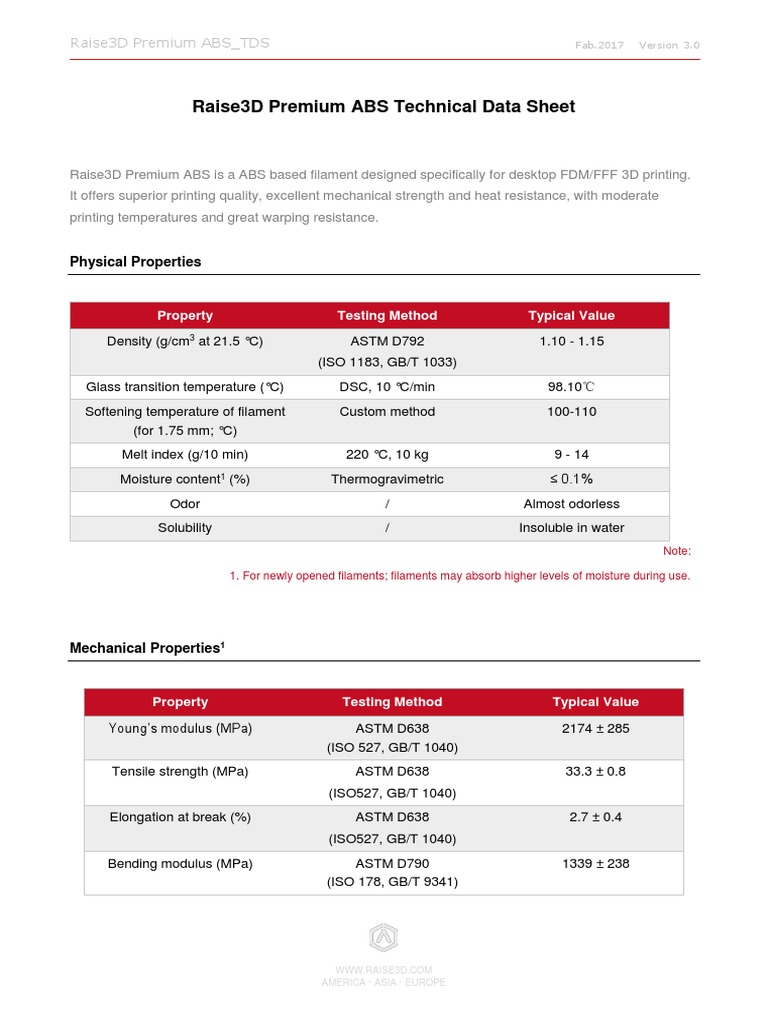 Raise3D Premium ABS Technical Data Sheet: Physical Properties | PDF ...