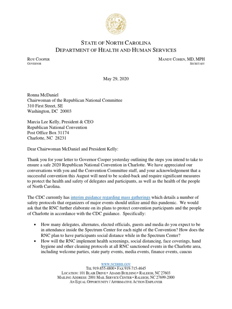 NC Response Letter To RNC | PDF | Republican National Committee | Wellness