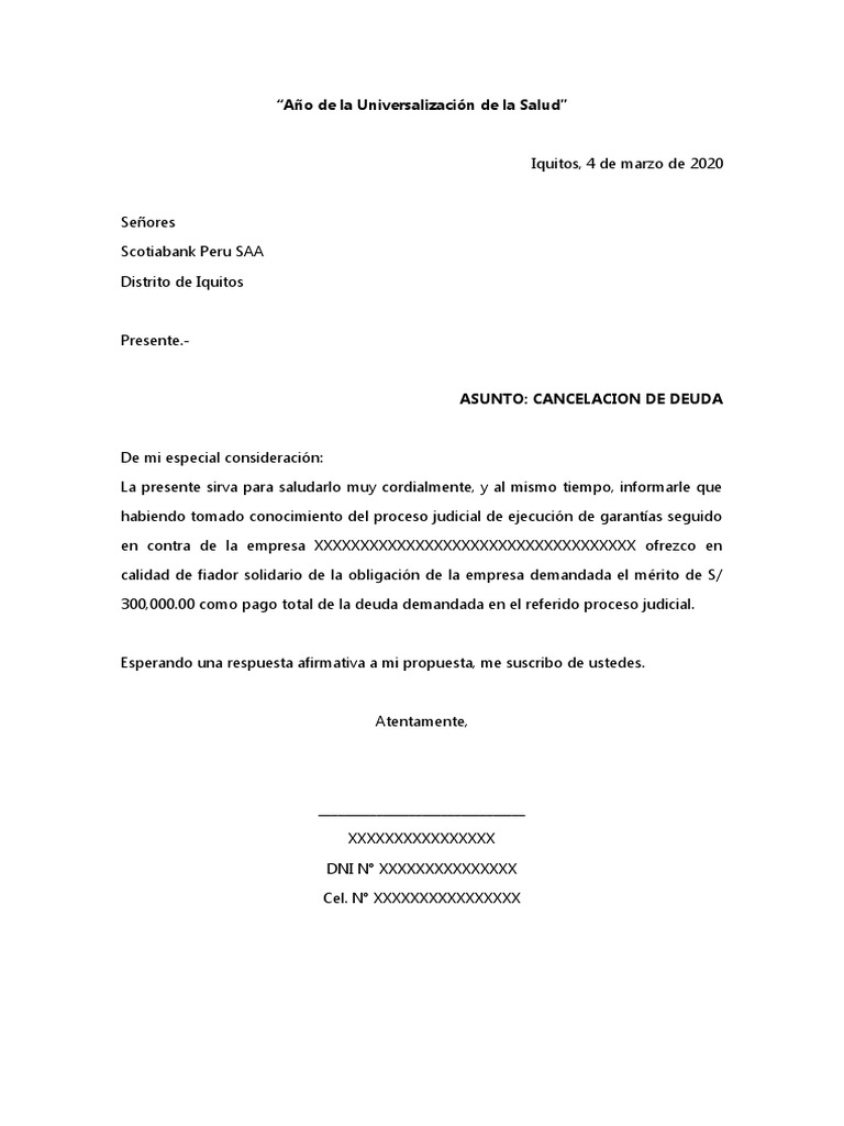 Carta Propuesta de Cancelacion de Deuda Bancaria | PDF