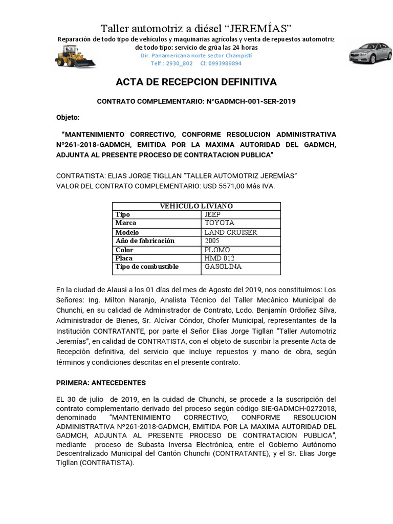 ACTA DE RECEPCION PROVICIONAL Ejemplo | PDF | Industria automotriz | Coche