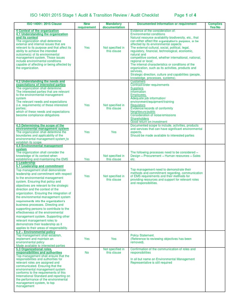 ISO 14001:2015 Stage 1 Audit & Transition Review / Audit Checklist Page ...