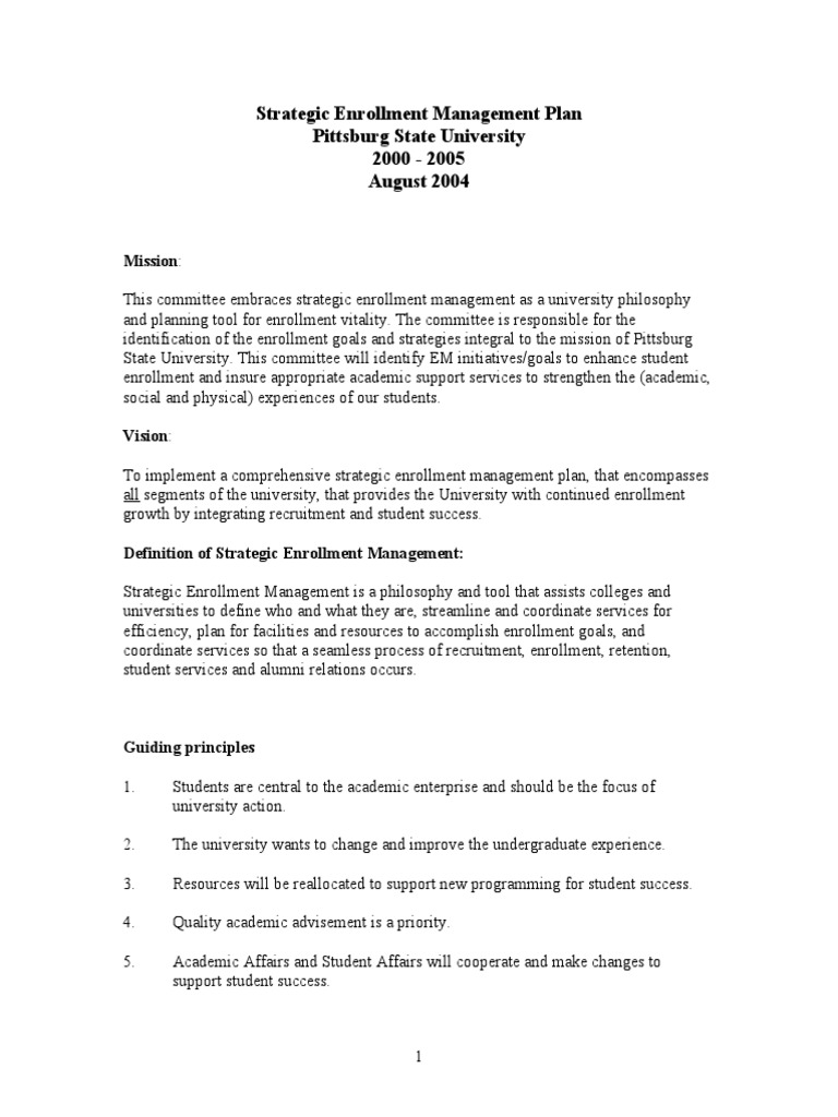 Strategic Enrollment Management Plan Pittsburg State University 2000 ...