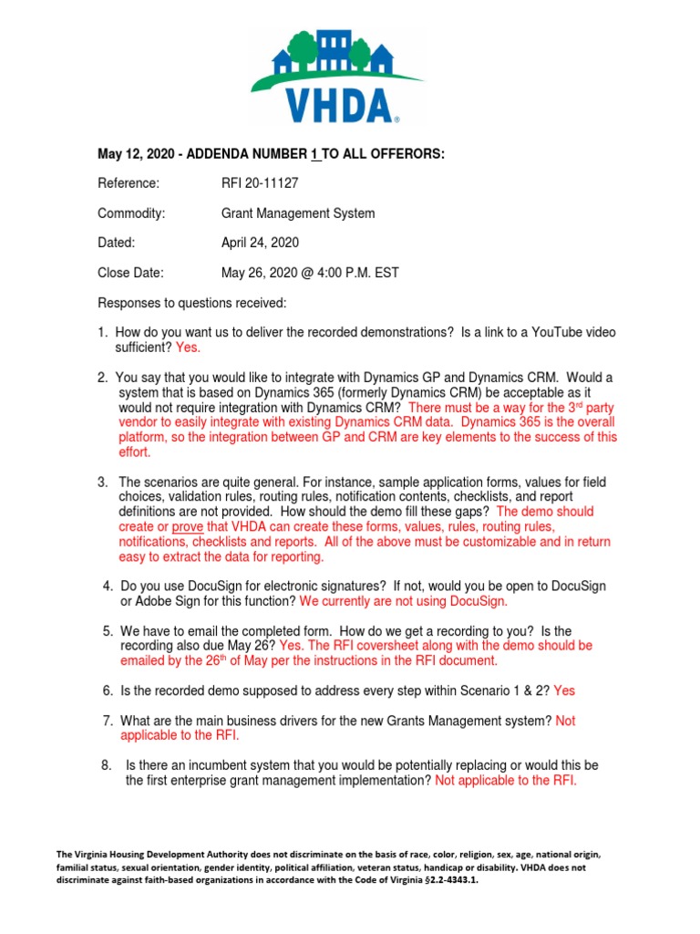 Addenda 1 - VHDA RFP 20-11127 PDF | PDF | Request For Information ...