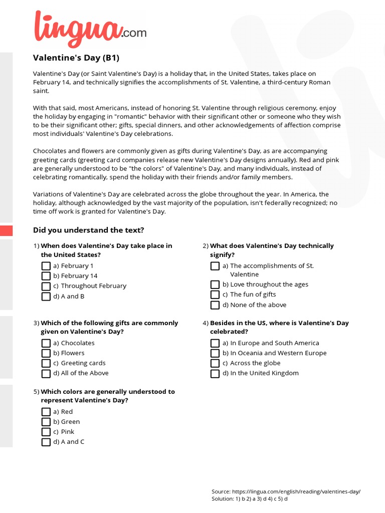 B1 Reading (Valentine's Day) | PDF | Valentine's Day | Traditions