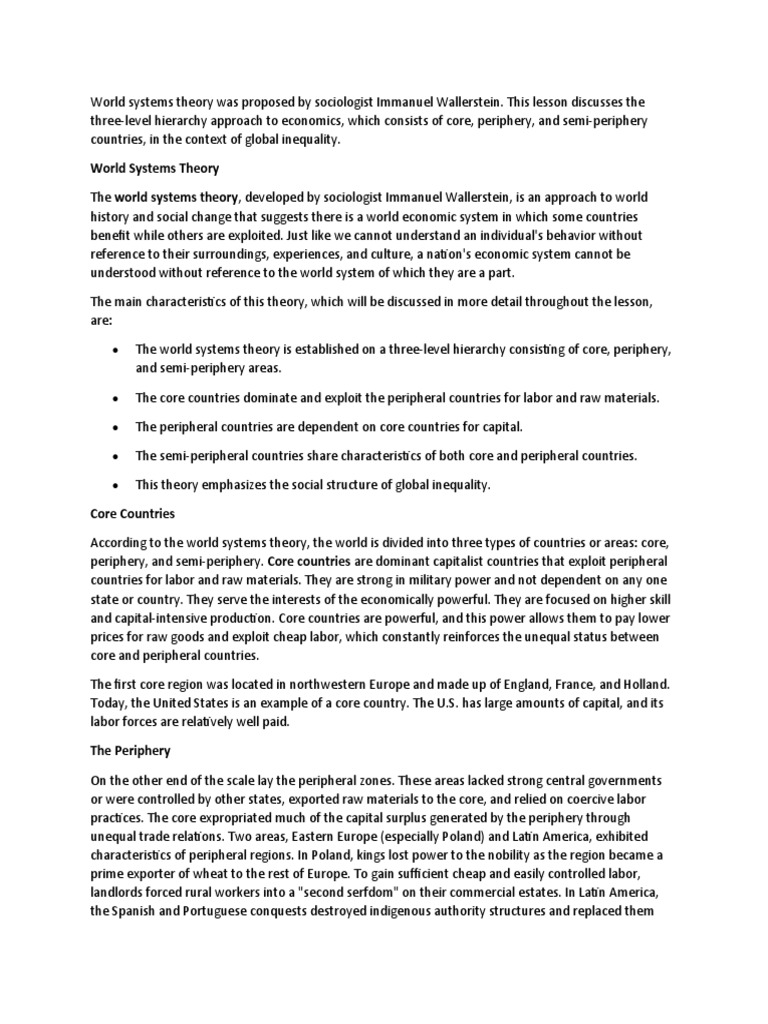 World Systems Theory Was Proposed By Sociologist Immanuel Wallerstein