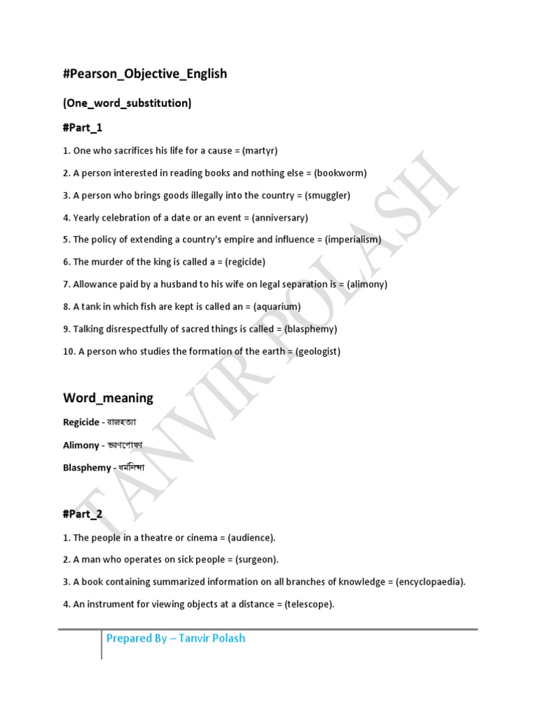 One Word substitutions-PC-DAS (By Tanvir Polash) | PDF | Crime Thriller