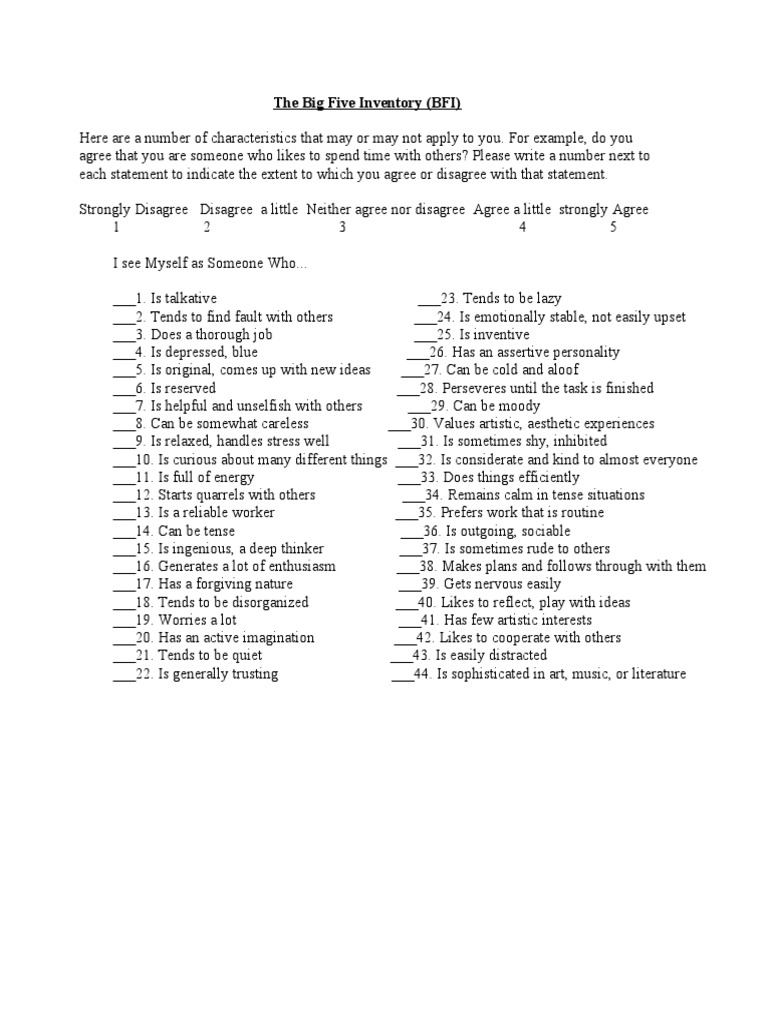 Big Five Inventory Questionnaire Guide | PDF | Extraversion And ...