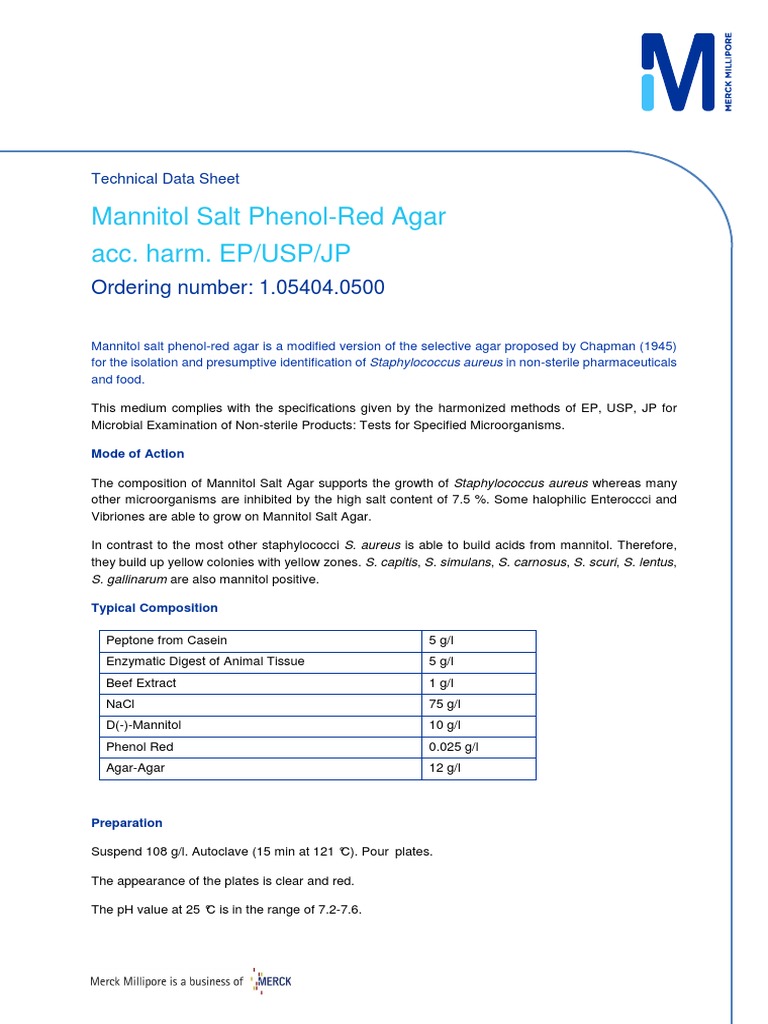 Mannitol Salt Phenol-Red Agar Acc. Harm. EP/USP/JP: Ordering Number: 1. ...