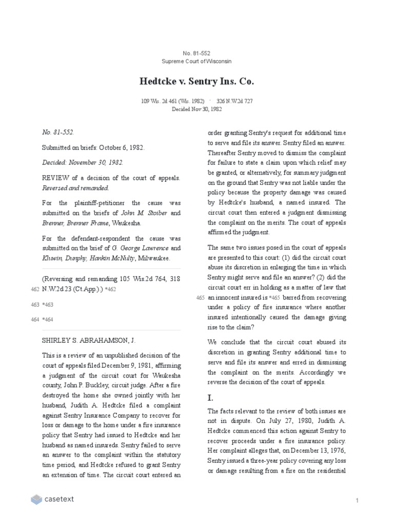 Hedtcke v. Sentry Ins. Co | PDF | Wisconsin Circuit Courts | Default ...