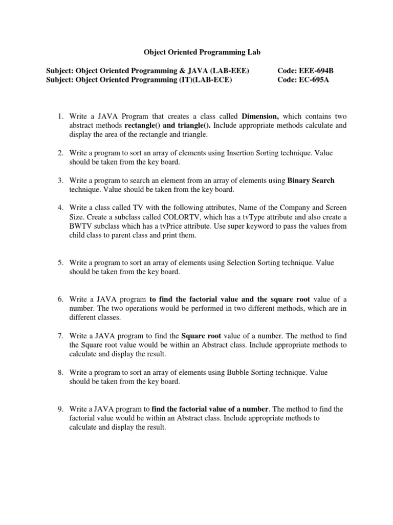 OOP Final Lab JAVA | PDF | Method (Computer Programming) | Class ... OOP Final Lab JAVA | PDF | Method (Computer Programming) | Class ...