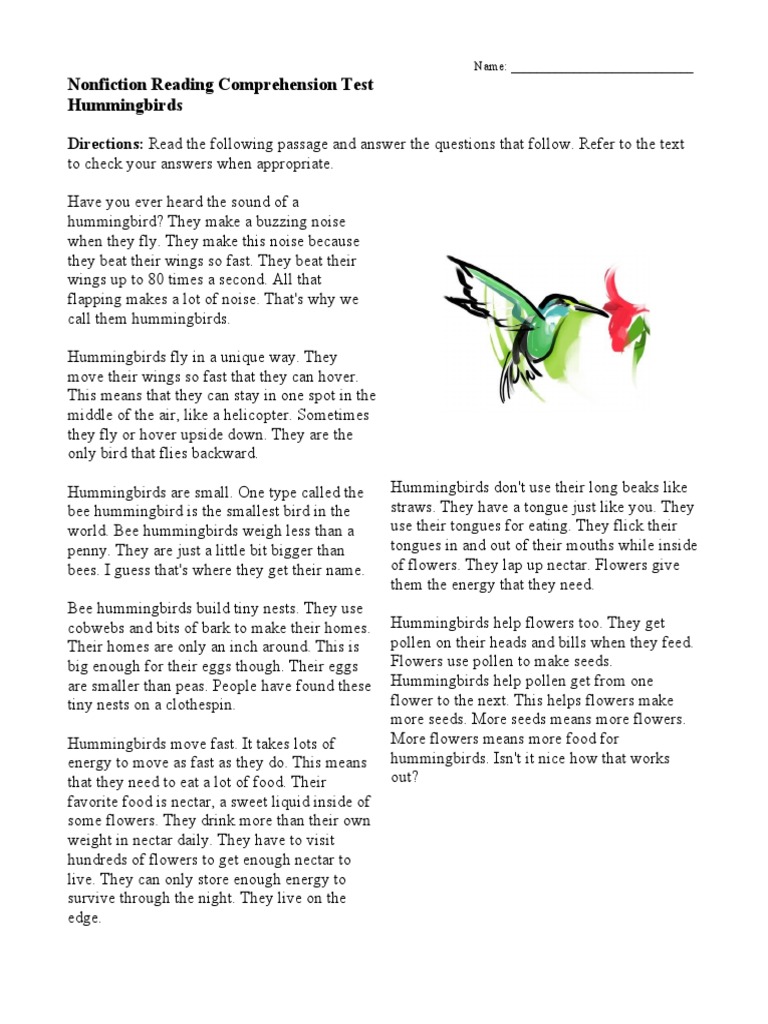 Nonfiction Reading Comprehension Test Hummingbirds | PDF | Flowers | Bees