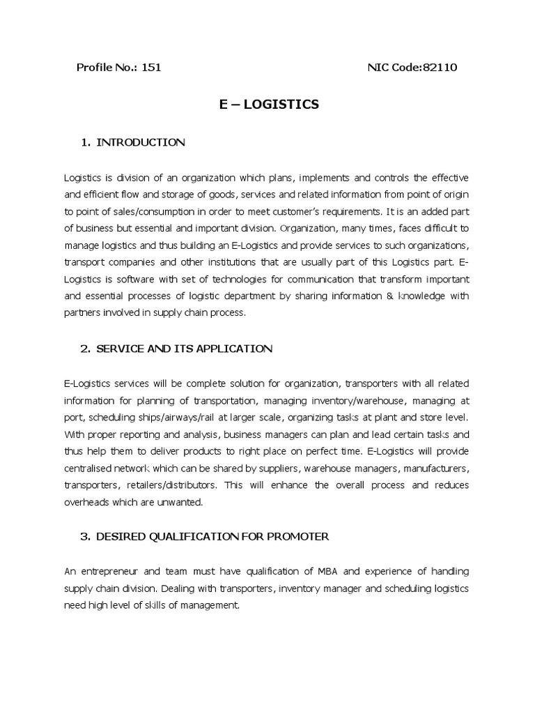 E - Logistics: Profile No.: 151 NIC Code:82110 | Download Free PDF ...