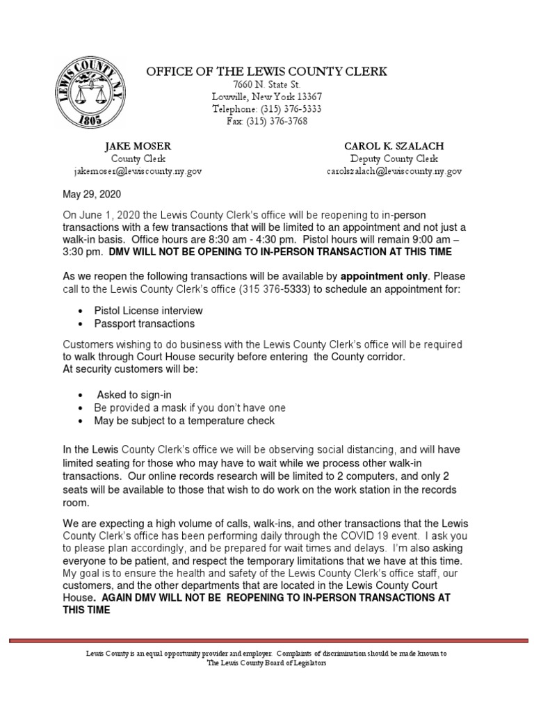 Lewis County Clerk Office Reopening Notice | PDF | Government | Justice
