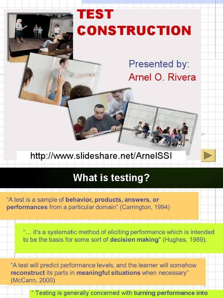 Test Construction: Presented by | PDF | Test (Assessment) | Essays