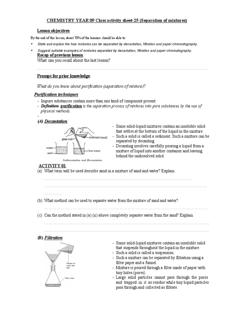 Activity Sheet-25 (Separation of Mixtures) | PDF | Filtration ...