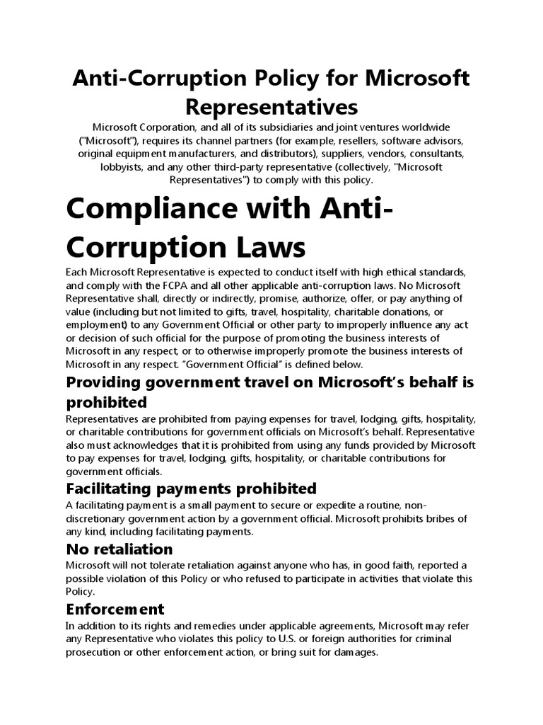 Microsoft Anti-Corruption Policy Overview | PDF | Finance & Money ...
