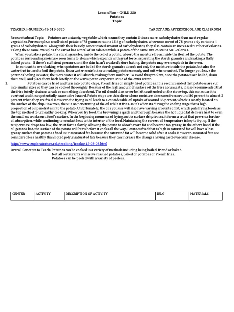 Potatoes Lesson Plan | PDF | Potato | French Fries