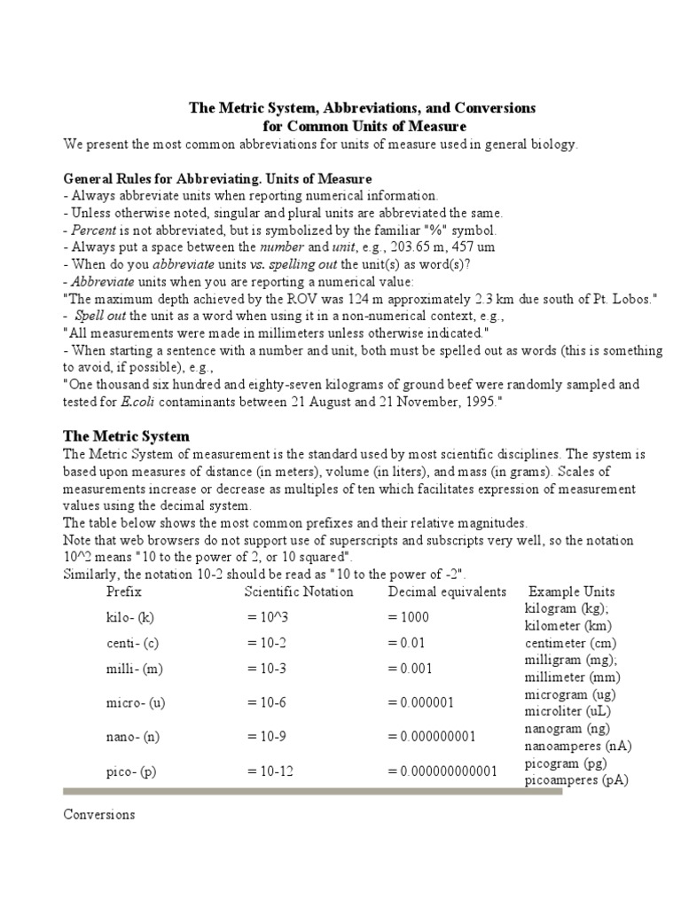 The Metric System, Abbreviations, and Conversions For Common Units of ...