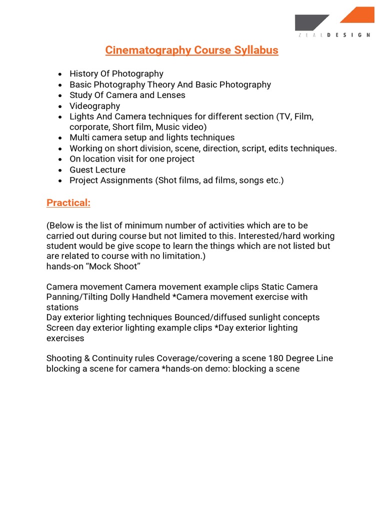 Cinematography Course Syllabus: Practical | PDF | Computers