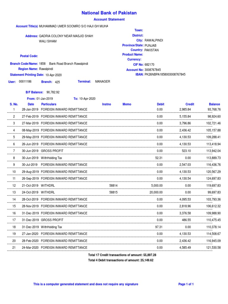 National Bank of Pakistan: Account Statement | PDF | Debits And Credits ...