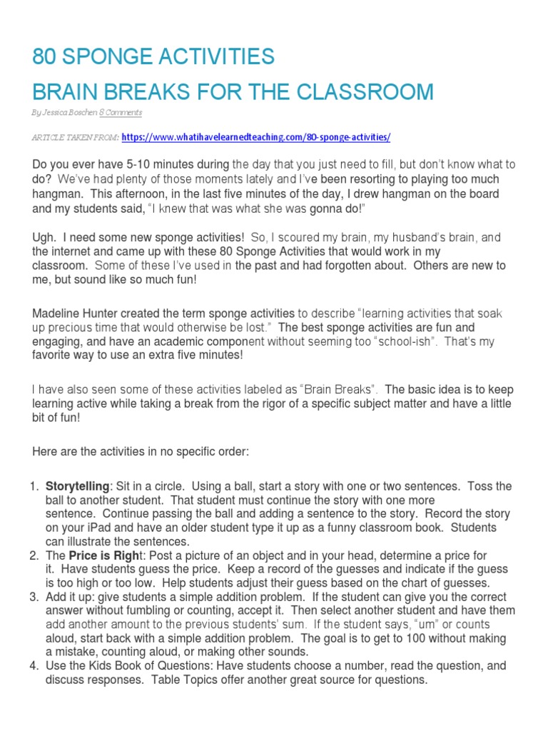 80 Sponge Activities | PDF | Word | Classroom