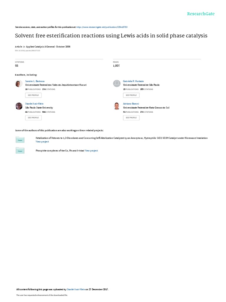 Solvent Free Esterification Reactions Using Lewis | PDF | Ester | Catalysis