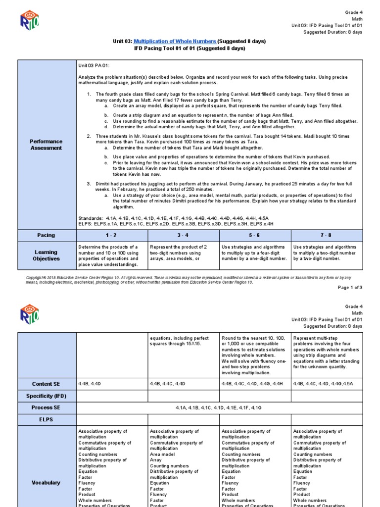 Grade 4 Unit 3 Tool 1 | PDF | Multiplication | Natural Number