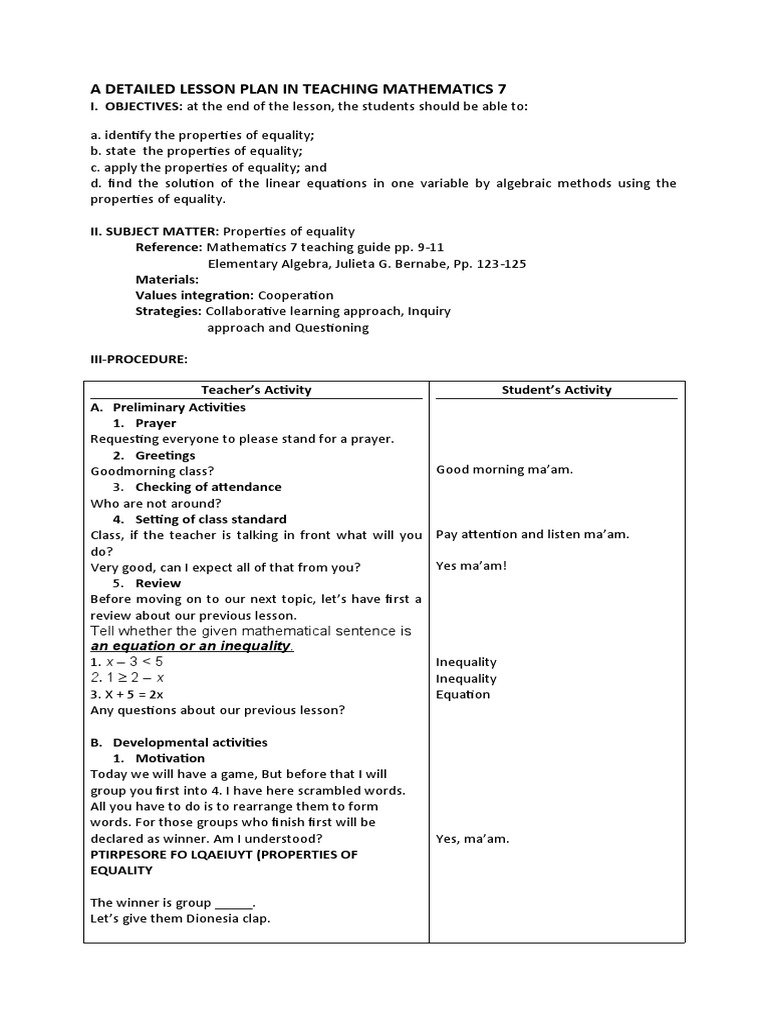 WEEK 8.3. Lesson Plan Properties of Equality | PDF | Equations ...