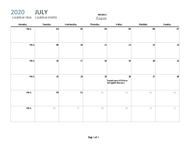 July 2020 Calendar Progress Log | PDF