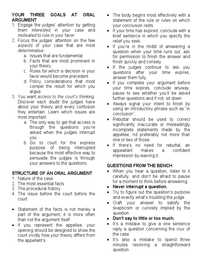 Your Three Goals at Oral Argument | PDF | Argument | Question