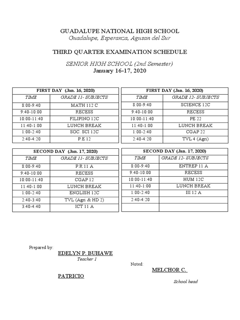 Exam Schedule SENIOR 2ND SEM | PDF