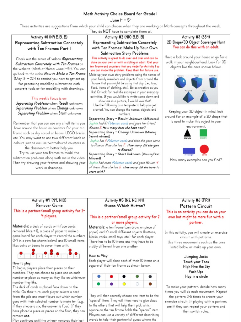 Math Activity Choice Board For Grade 1 - June 1st | PDF | Subtraction ...