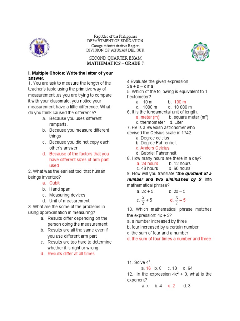 Second Quarter Exam in Math 2019 | PDF | Fahrenheit | Celsius