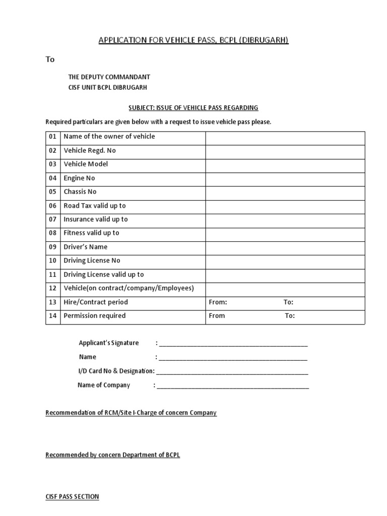 Application For Vehicle Pass Cisf-1 | PDF