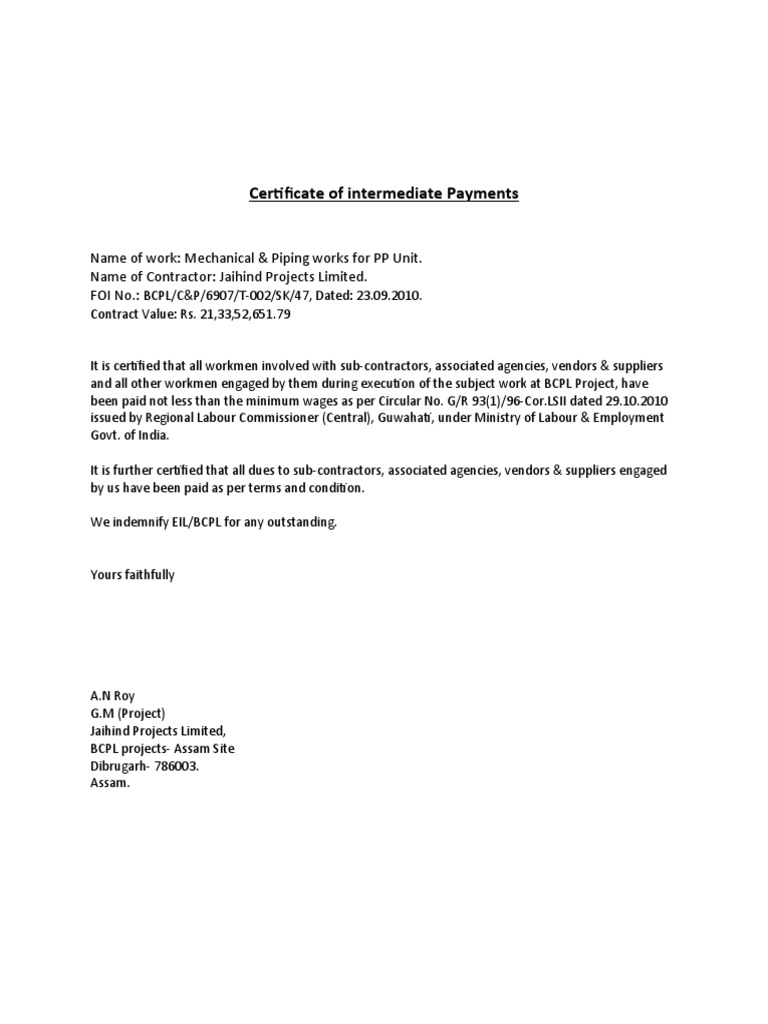 certificate of intermediate payment